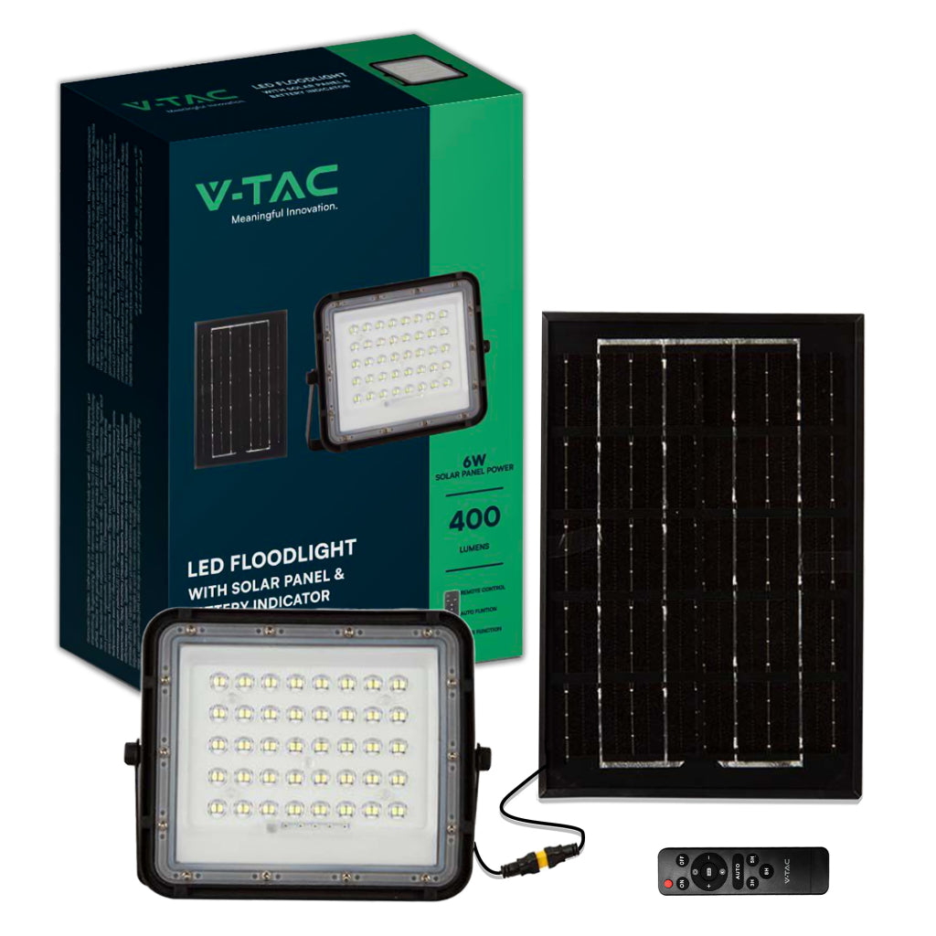 V-TAC Faro LED Solare 6W Telecomando Batteria Sostituibile Cavo 3m Ner ...